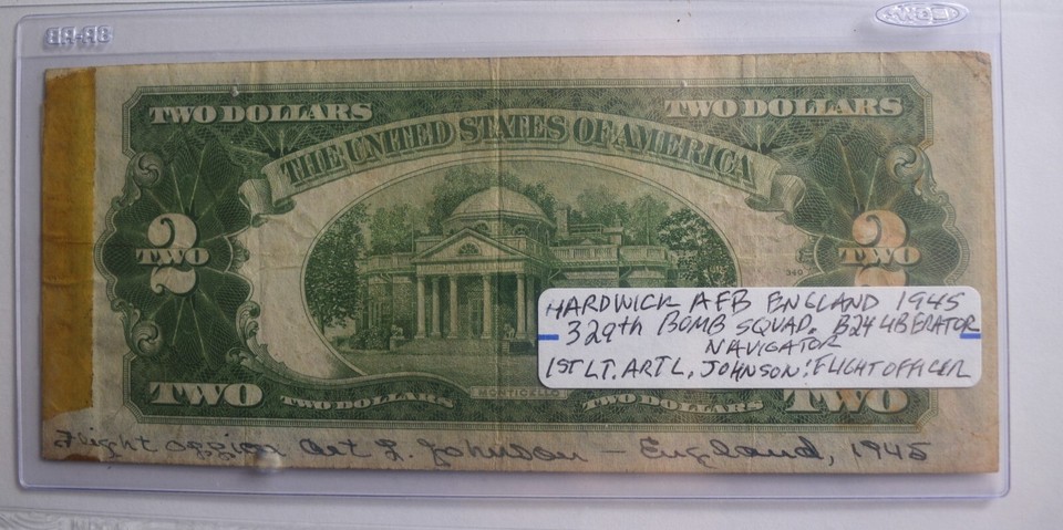 1928 $2 U.S. NOTE SHORT SNORTER | 329TH BOMB SQUAD HARDWICK AFB WWII ...