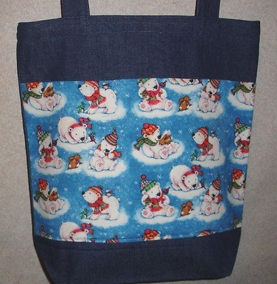 NEW Handmade Large Whimsical Polar Bears Snow Christmas Holiday Denim ...