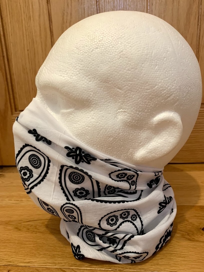 Biker Tube Snood Scarf White Black Paisley Mask for under Helmet Ski ...