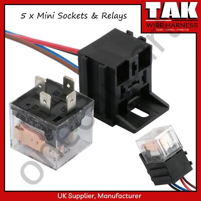 5 x 12V 40A 4 Pin Mini Relays & Holders, Changeover RY15, Normally Open ...