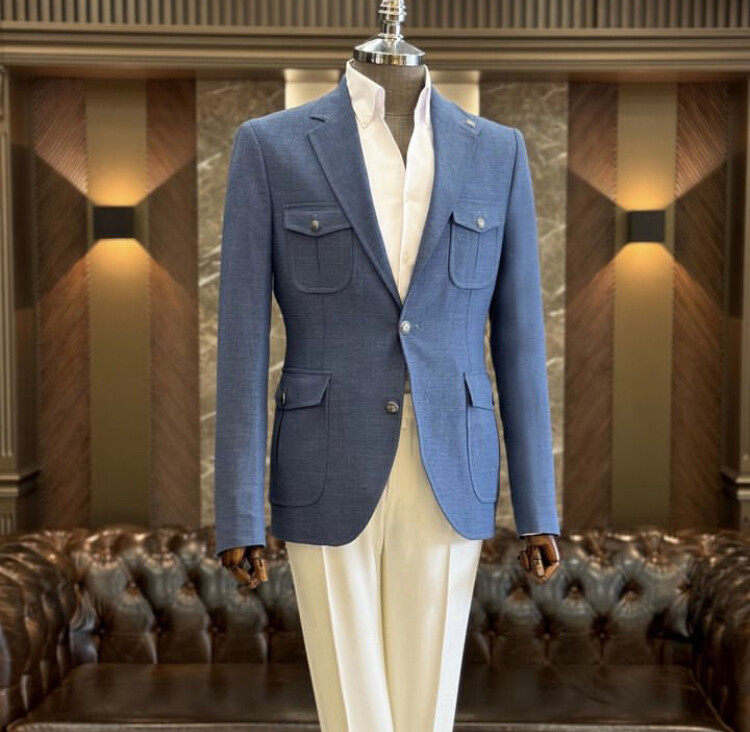 Blue Men's Safari Jacket Wedding Groom Tuxedo Casual Outdoor Hunting ...