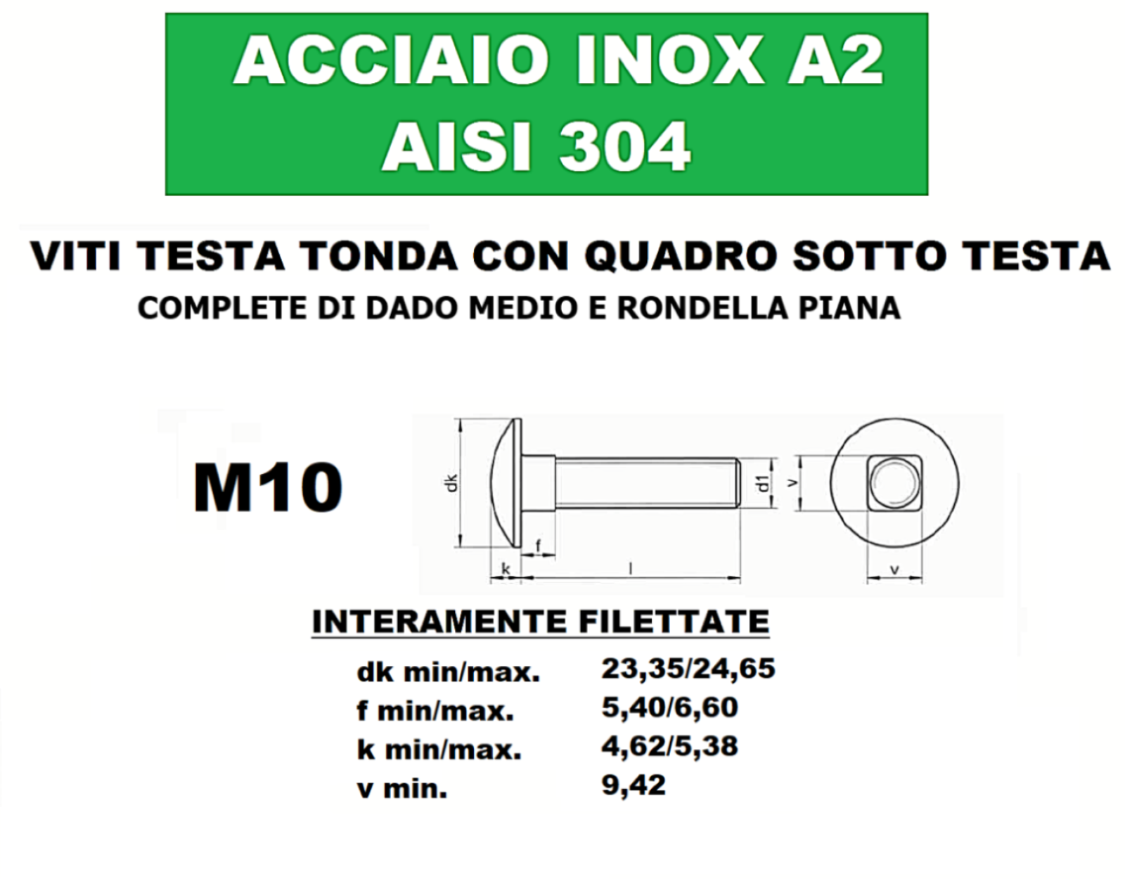 VITI M10 IN ACCIAIO INOX PERNI BULLONI TESTA TONDA QUADRO SOTTO TESTA ...