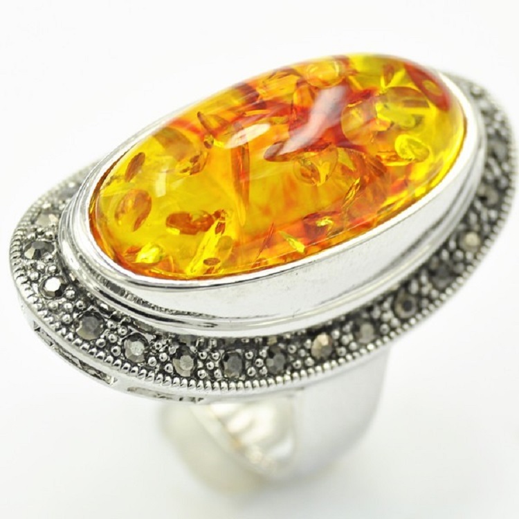 Vintage Design Ladies Ring, Big Amber Stone & CZ, Platinum Plated, Size ...