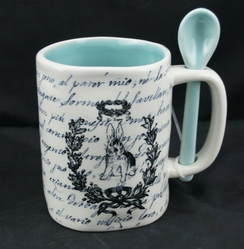 NWT Mug with Spoon Attached Easter Paris Script Rabbit Bunny | eBay
