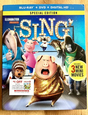 Sing (Blu-ray, 2016) + DVD + 3 Mini Movies w/ Bonus Features Animated ...