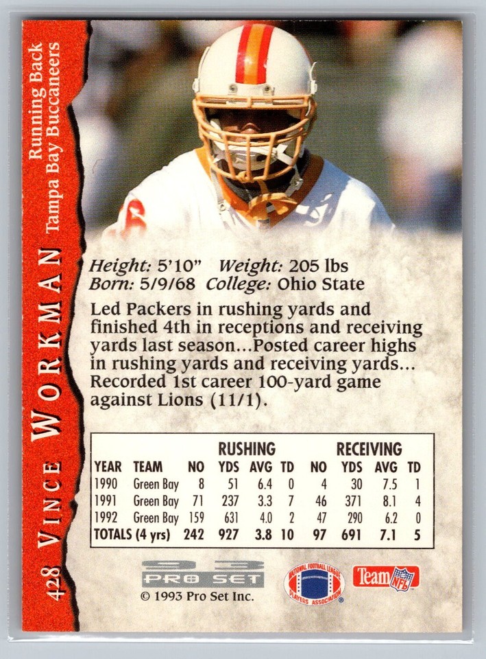 1993 Pro Set Football #428 Vince Workman Tampa Bay Buccaneers | eBay