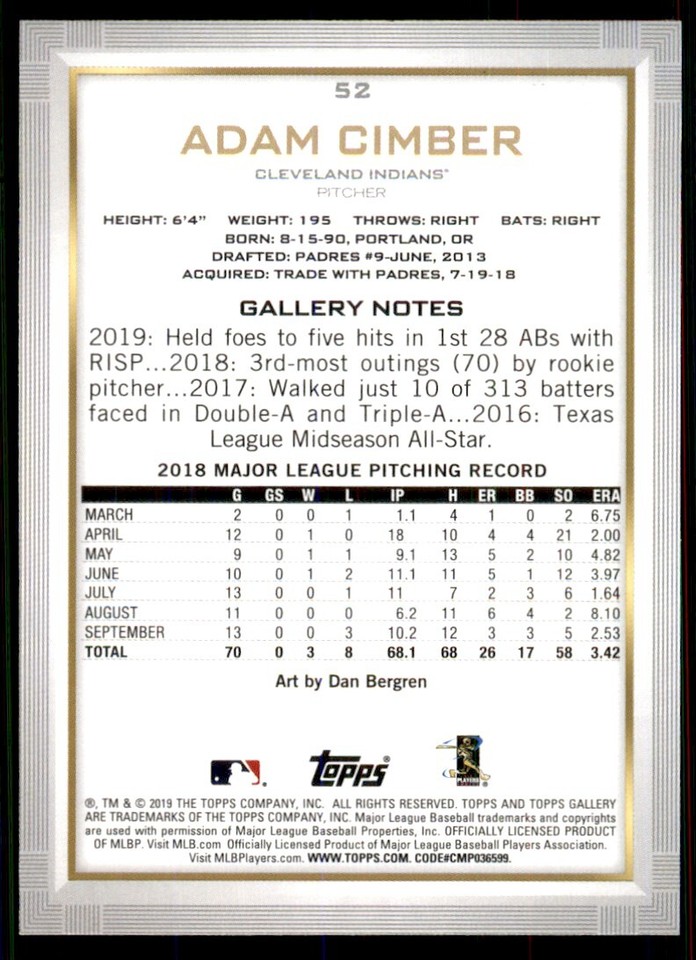 2019 Topps Gallery Adam Cimber Cleveland Indians #52 MLB Baseball Card ...