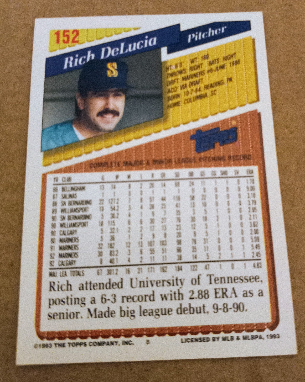 1993 Topps RICH DELUCIA Baseball Card #152. SEATTLE MARINERS. | eBay