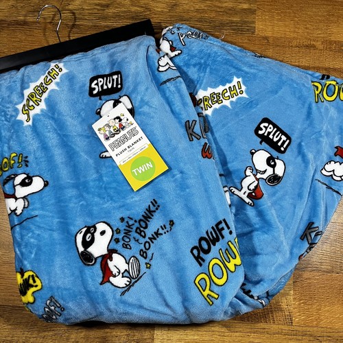 PEANUTS Snoopy TWIN Blanket 60”x90” Bonk Bonk Rowf Splut Superhero Blue ...