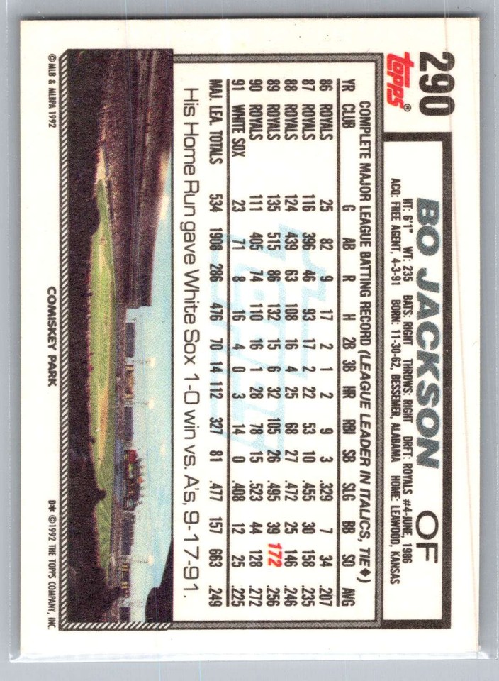 1992 Topps #290 Bo Jackson White Sox | eBay