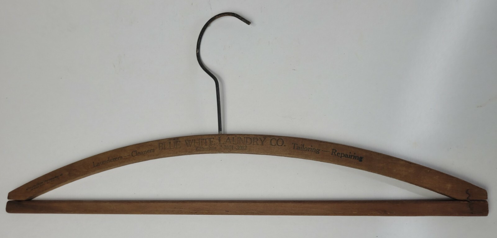 ANTIQUE WOOD ADVERTISING COAT HANGER - BLUE WHITE LAU… - Gem