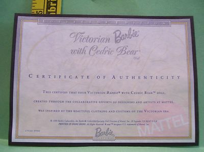 MATTEL VICTORIAN W CEDRIC BEAR BARBIE DOLL CERTIFICATE OF AUTHENTICITY ...