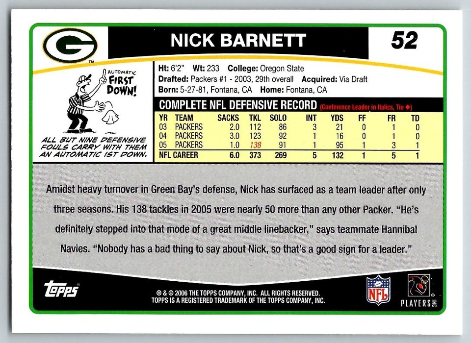 2006 TOPPS NICK BARNETT GREEN BAY PACKERS #52 | eBay