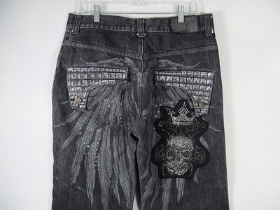 Y2K Raw Blue Jeans Mens (31x29 ACTUAL) Black Wide Leg Rhinestones Skull ...