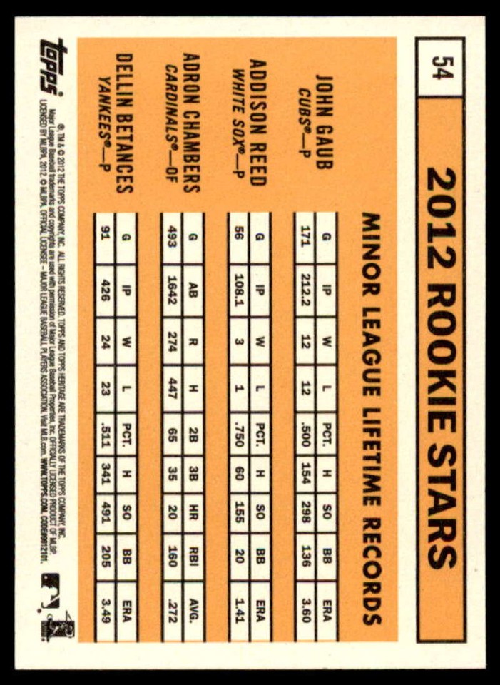 Gaub RC/Reed RC/Chambers RC/ Betances RC Card 2012 Topps Heritage #54A ...