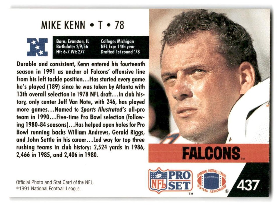 Mike Kenn 1991 Pro Set #437 Atlanta Falcons FOOTBALL | eBay
