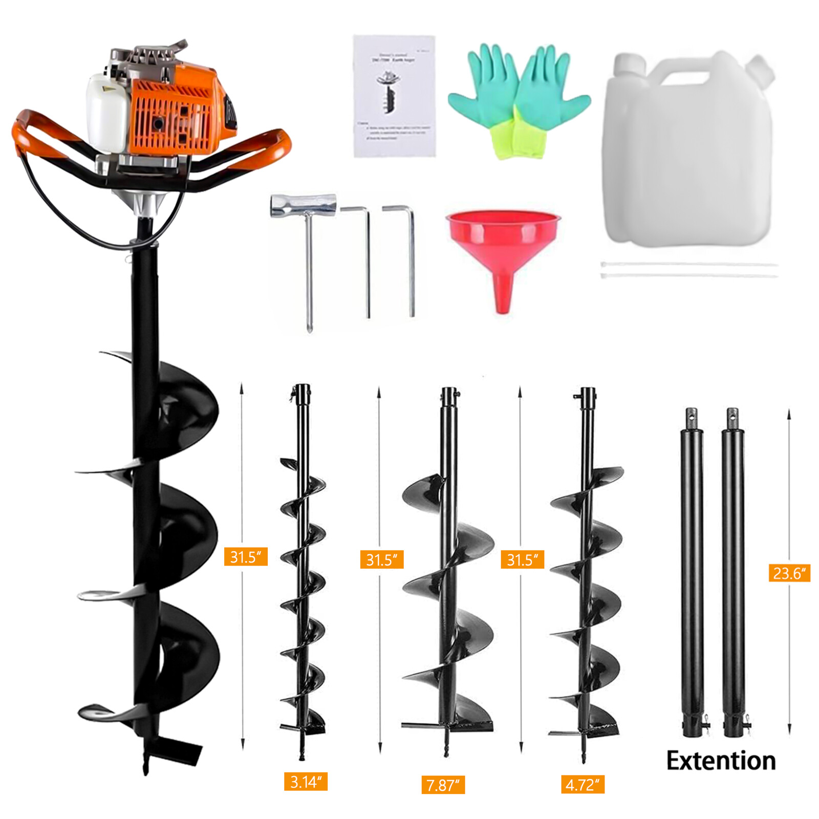 4HP 72CC Gas Powered Post Hole Digger with TWO Earth Auger Drill Bit 4 ...