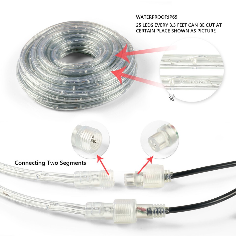 50/100FT Waterproof LED Rope Light 4-Lighting Mode Lights Flexible with ...