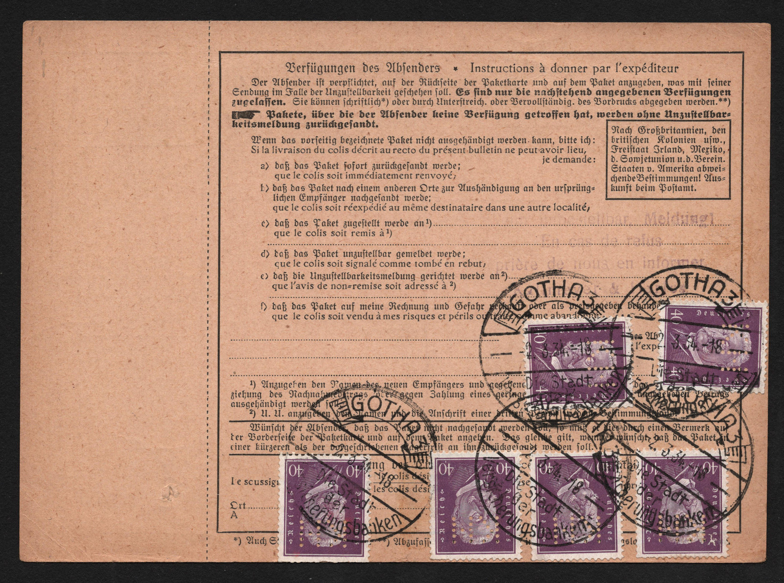 OPC 1934 Gotha Germany Packetcard to Brussles Kallmeyer & Harjes ...