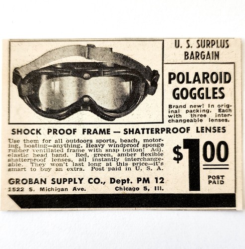 1947 Polaroid Protective Sport Goggles Advertisement Groban Supply ...
