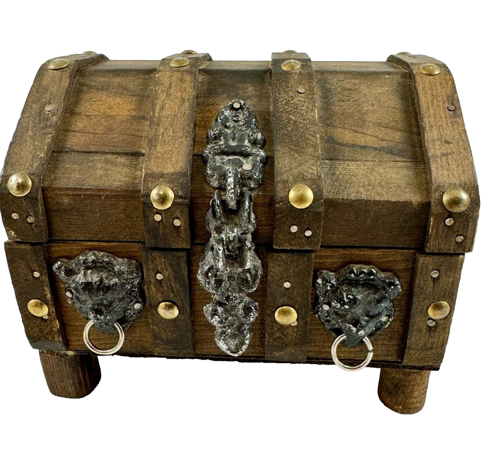 Vintage Small Treasure Chest Wooden Jewelry Box with Lions Velvet Lined ...