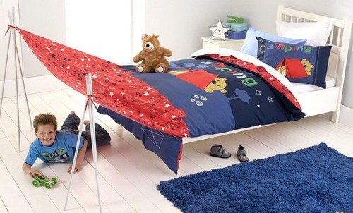 CUBBY HOUSE KIDS Camping SINGLE Quilt Cover Set - Blue, Teddy Bear ...