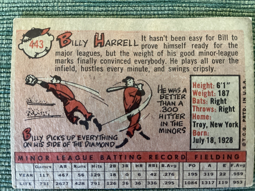 1958 TOPPS #443 BILLY HARRELL "SHORT PRINT" vintage baseball card FREE ...