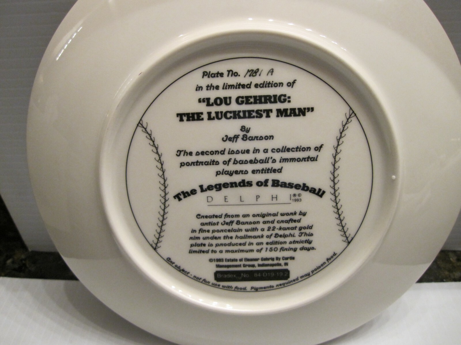 1993 LOU GEHRIG "Luckiest Man" Plate Delphi #1781A by Jeff Barson | eBay