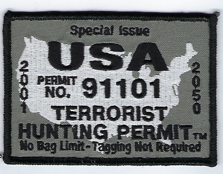 TERRORIST HUNTING PERMIT HAT PATCH 911 TWIN TOWERS US PENTAGON PA ...