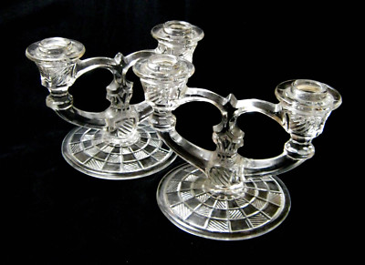 Mid Century INDIANA GLASS Block & Rib Pattern Double Arm CANDLE HOLDERS ...
