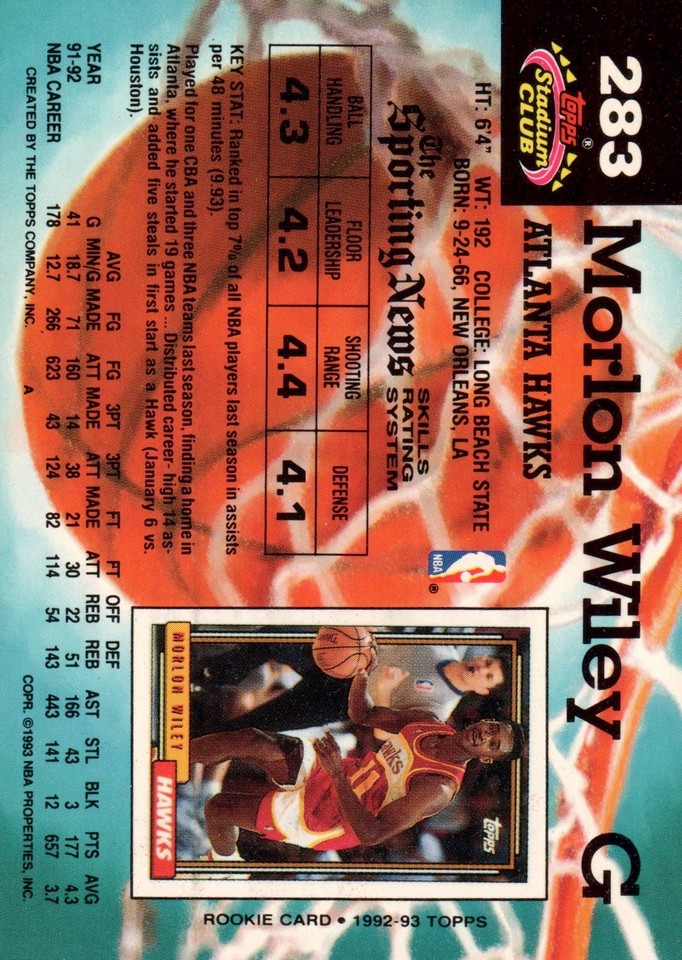 1992 Stadium Club # 283 Morlon Wiley Atlanta Hawks | eBay