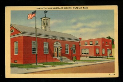 Post Office postcard Massachusetts MA Wareham flag street lanterns ...