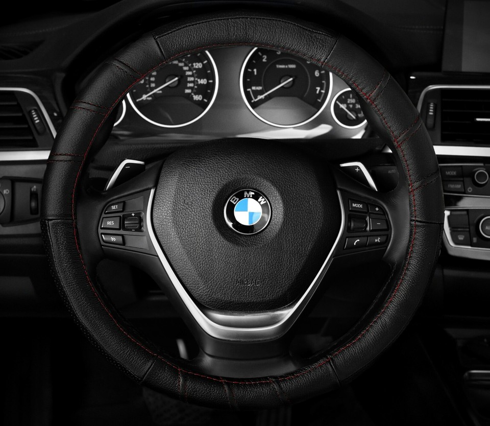 15" Steering Wheel Cover Genuine Leather Black Red Stitch Steering ...