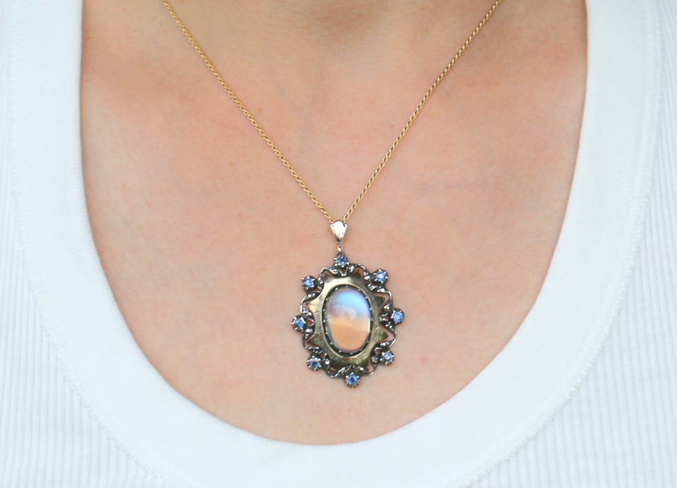 Antique 9k/ 10k Gold & Silver Large Ceylon Moonstone, Sapphire ...