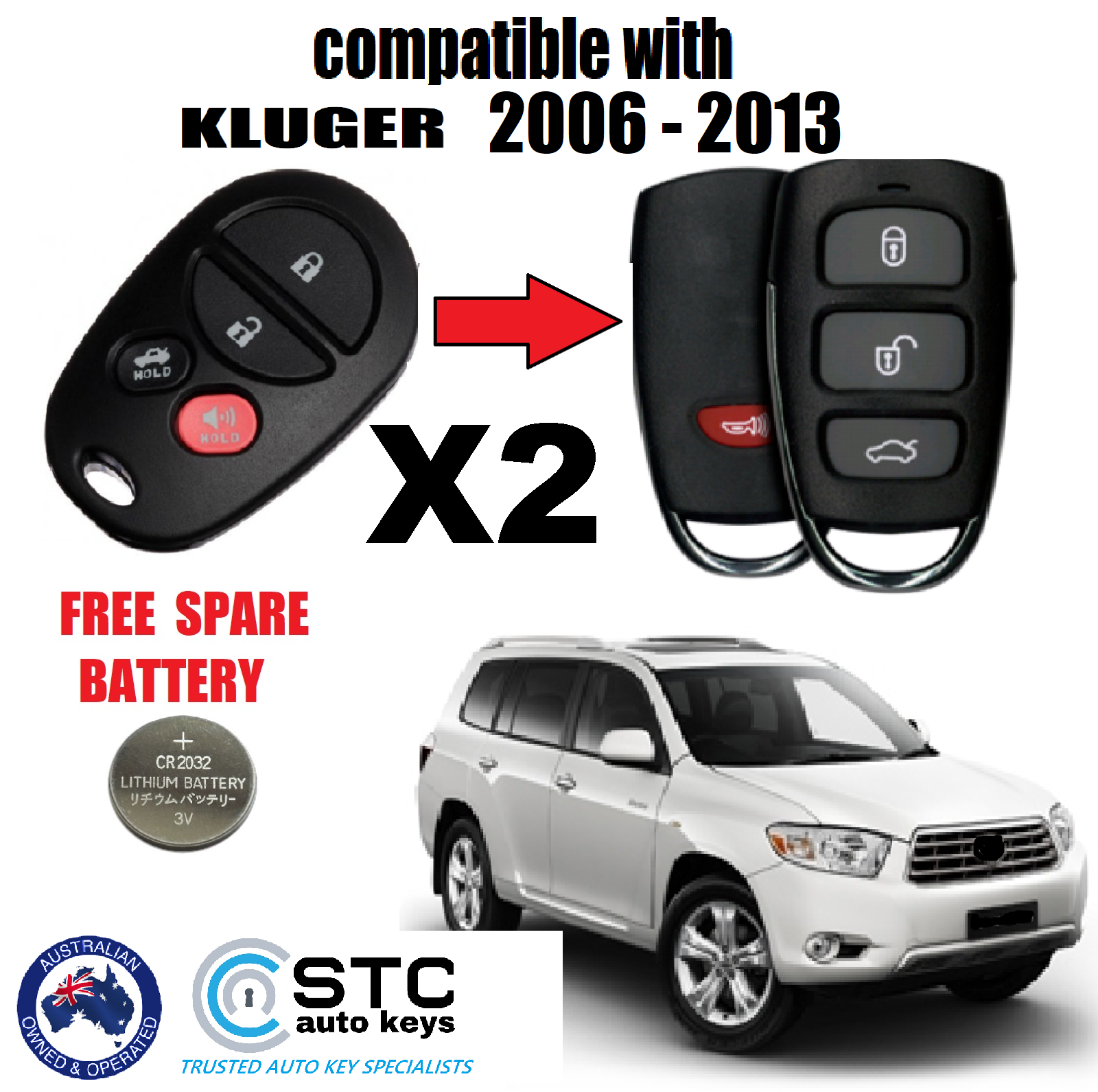 2 compatible with TOYOTA KLUGER REMOTES FOBS 2006 2007 2008 2009 2010 ...