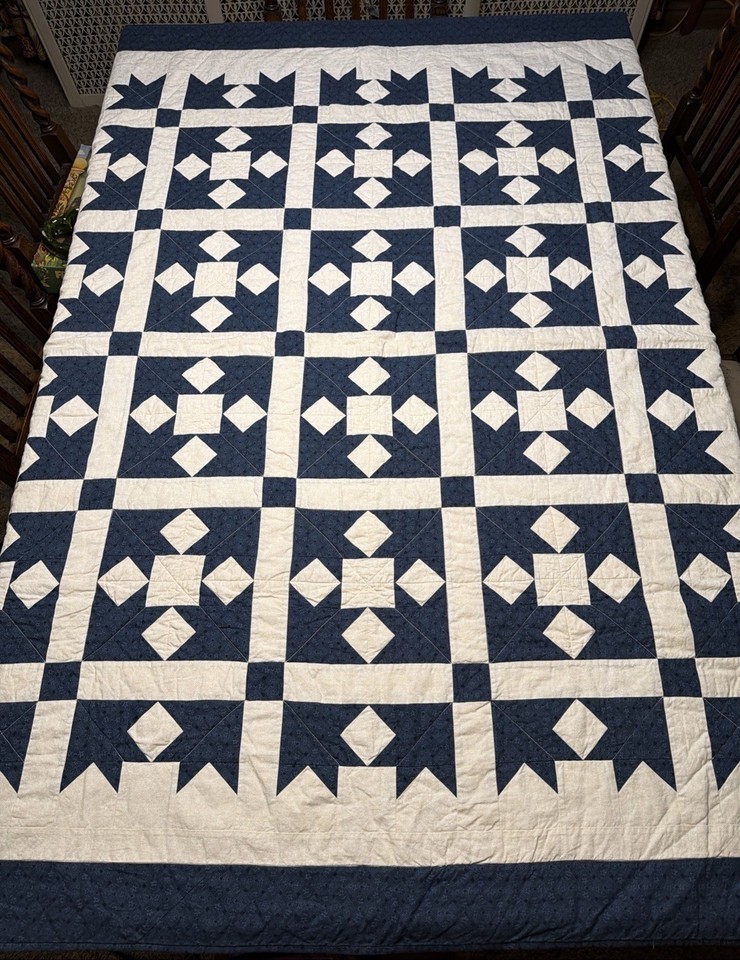 Handmade Lap Quilt Wall Navy Beige Ohio Star Variation Machine quilted ...
