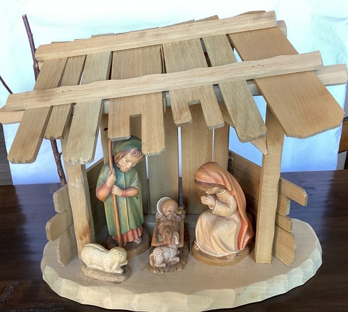 6" ANRI FERRANDIZ NATIVITY HOLY FAMILY + STABLE + LAMB WOOD CARVED ...