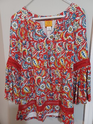 Ruby Rd. Women Red Blue White Paisley Crochet Bell Slv Tunic Top Blouse ...