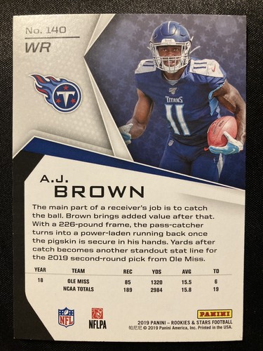 AJ Brown Rookie Card Rookies And Stars Panini 2019 #140 Great Condition ...