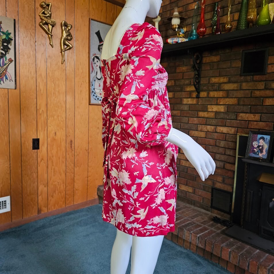 Vtg 70s Bird Print Babydoll Bishop Sleeve Smocked Mod Hippie Dolly Dress XS/S | eBay