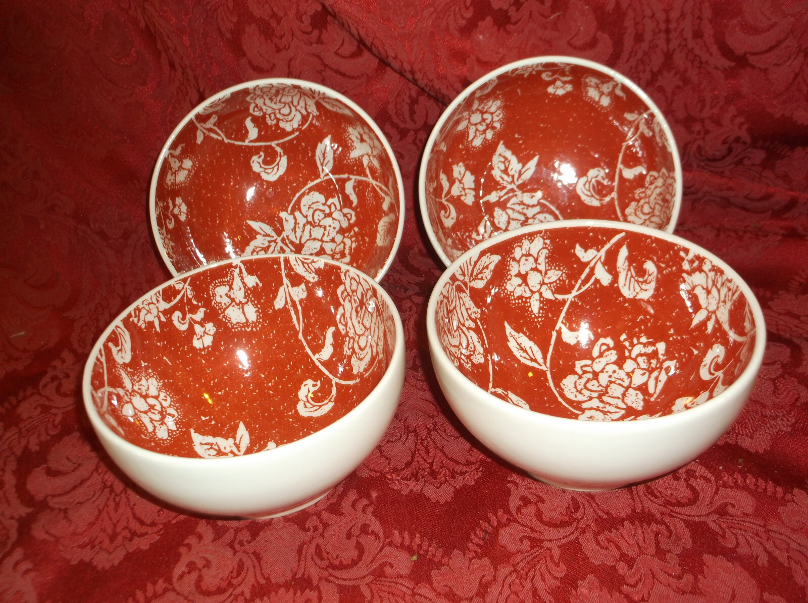 4 Pier 1 Batik Red Floral CEREAL BOWLS Pottery Porcelain Made in Brazil ...