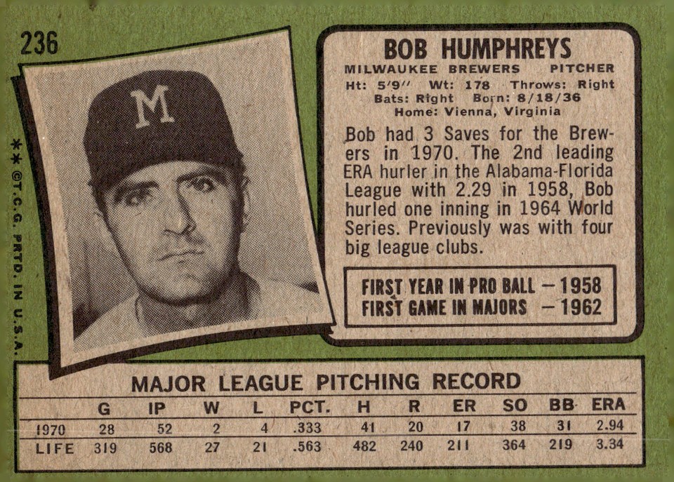 1971 Topps - #236 Bob Humphreys EX | eBay