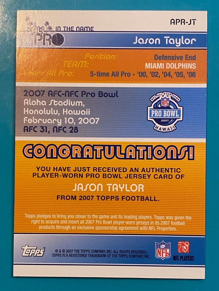 2007 Topps- Cool Player worn Pro Bowl Jersey Card- Jason Taylor # ARP ...