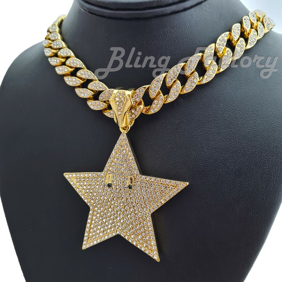Iced Large Mario Star Pendant & 16" ~ 24" Iced Cuban Choker Chain Bling ...