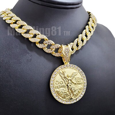 Cubic Zirconia Gold 50 Pesos Centenario Mexican Coin & Iced Cuban Chain ...
