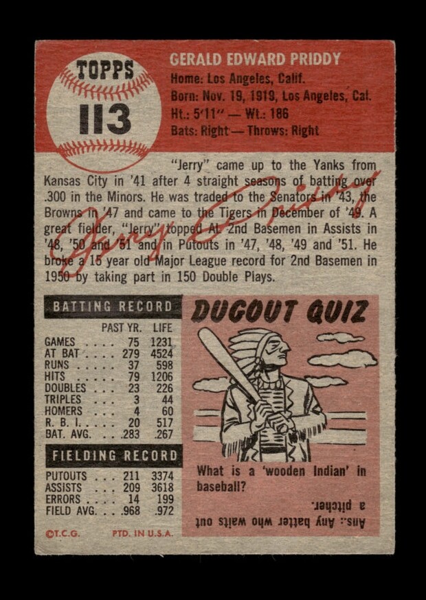 1953 Topps Set-Break #113 Jerry Priddy VG-VGEX *GMCARDS* | eBay