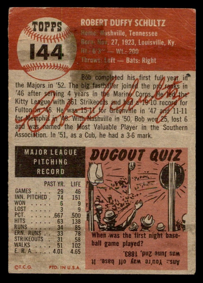1953 Topps Baseball #144 Bob Schultz GD *d2 | eBay