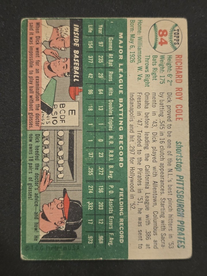 1954 Topps Baseball #84 Dick Cole RC Pittsburgh Pirates VG Erased | eBay