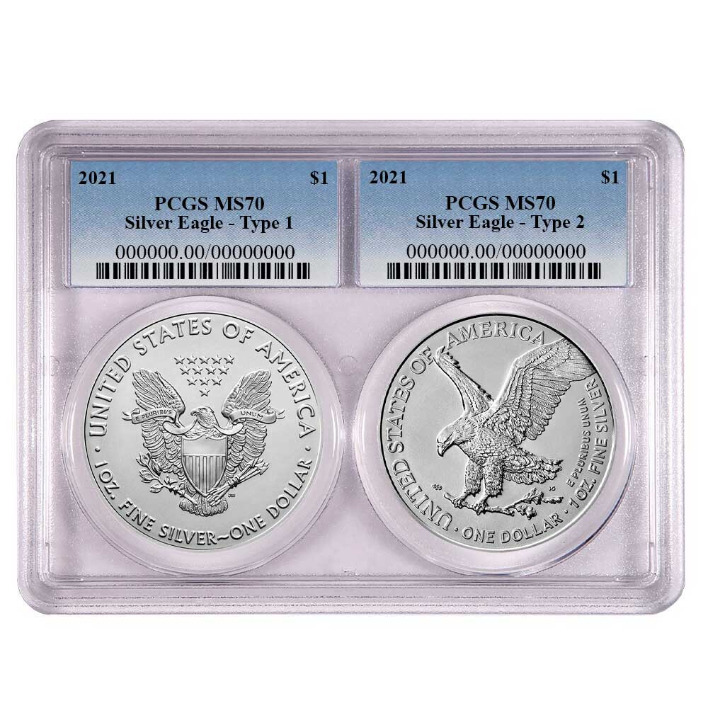 2021 $1 Type 1 and Type 2 Silver Eagle Set PCGS MS70 Blue Label | eBay