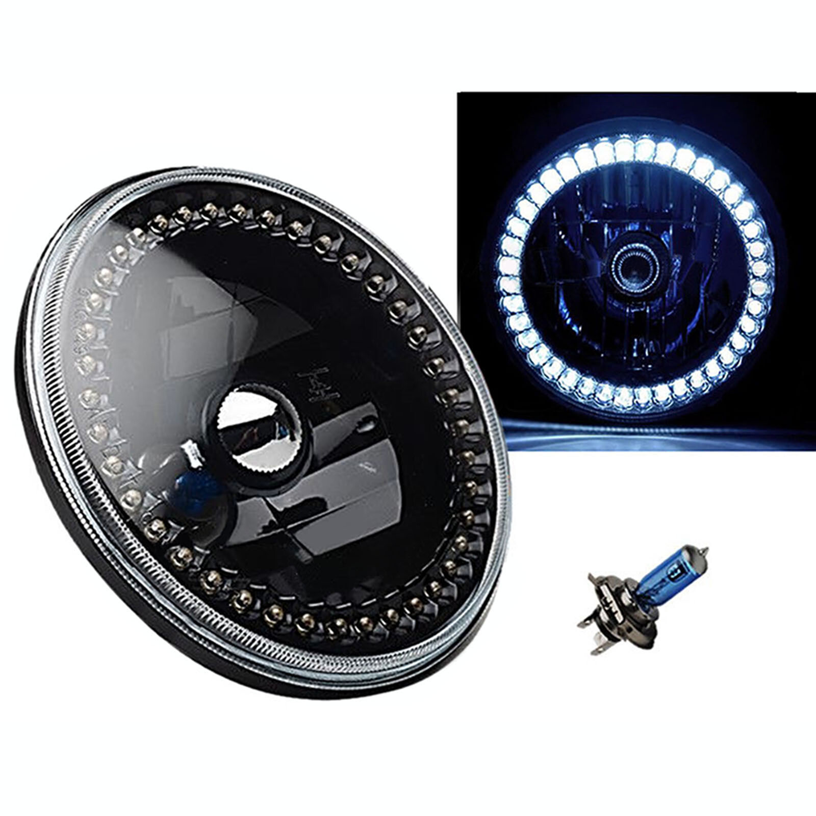 7" Black Halogen Headlight White LED Halo Angel Eye Headlamp 6K Light ...